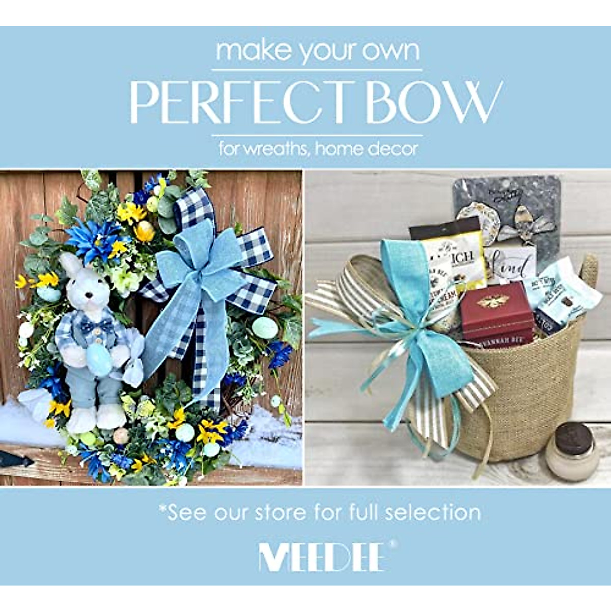 MEEDEE Light Blue Wired Ribbon 1.5 Inch Wired Edge Blue Burlap Roll Baby Blue Burlap Ribbon Blue Ribbon for Baby Shower, Wreath, Gift Wrapping, Garland, Bows Making, Swag, Home Decor (10 Yards)