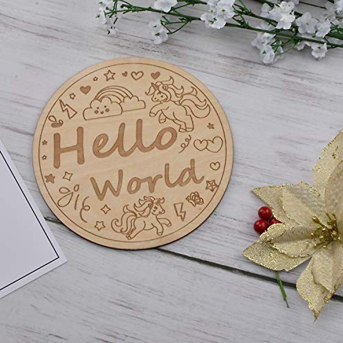 Wood Baby Birth Announcement Sign 6 Inch Large Round Dual-Sided Personalized Newborn Photo Props (A)