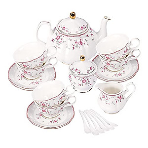fanquare Vintage Porcelain Tea Set for Women Tea Party, Tea Cup and Saucer Set for 6, Wedding Floral Teapot Set for Adults, Pink Rose