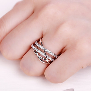 JO WISDOM 925 Sterling Silver Criss Cross Wide Band Engagement Rings for Women with AAA Cubic Zirconia ring size 7