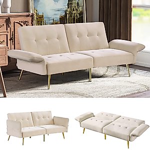 FCNEHLM 77.5” Futon Sofa Bed, Velvet Sofa Bed Futon Convertible Italian Velvet Futon Couch with Foldable Armrests and Adjustable Backrests with Magazine Bags, Sleeper Sofa Bed for Living Room, Beige