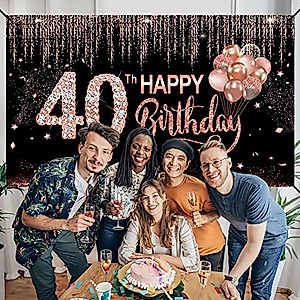 Happy 40th Birthday Banner Decorations for Women, Rose Gold 40 Year Old Birthday Backdrop Sign Party Supplies, Large Happy Forty Birthday Photo Booth Props Background for Outdoor Indoor
