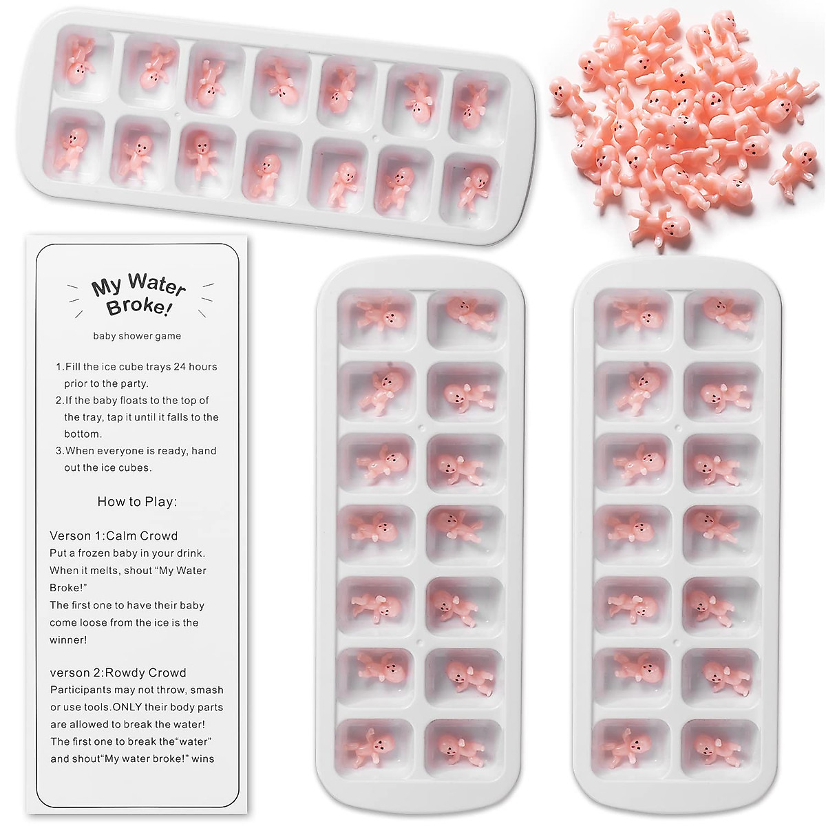 ZJJZGYXINTAI My Water Broke Baby Shower Game with 80 Mini Plastic Babies, 3 Ice Cube Trays and 1 Sign, Used for Baby Shower Games, White