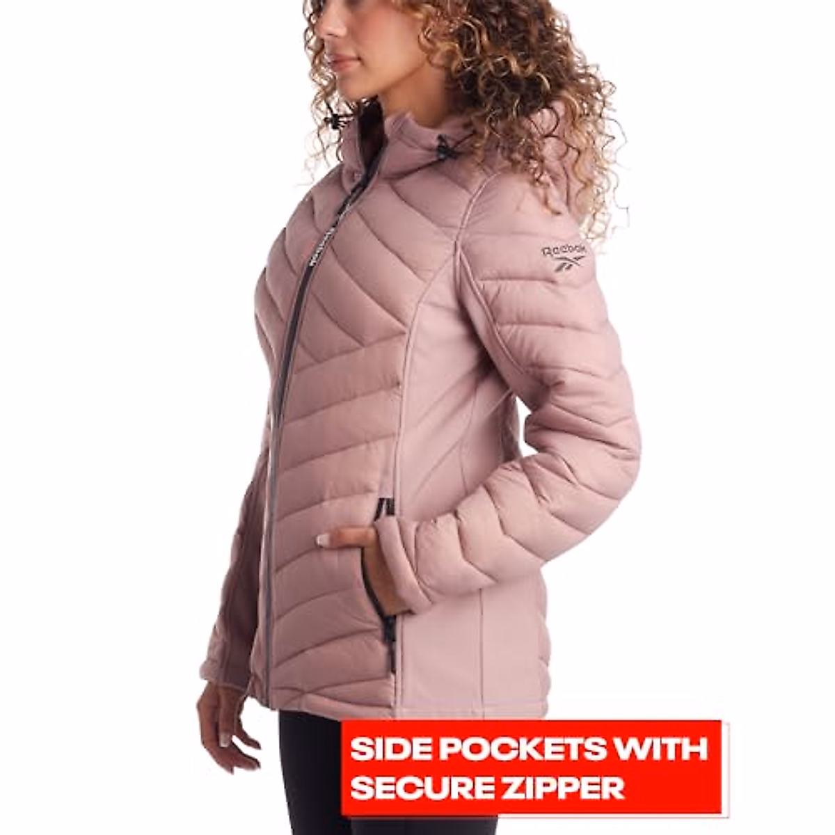 Reebok Women's Jacket - Lightweight Quilted Puffer Parka Coat with Flex Stretch Panels – Casual Jacket for Women (S-XL), Size Large, Dusty Rose