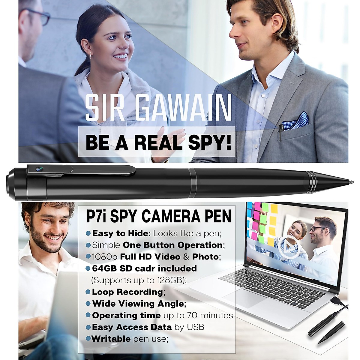 SIRGAWAIN Mini Spy Camera Hidden Camera Pen 1080p & 64GB Micro SD - [Upgraded 2024] Small Nanny Cam Spy Pen Camera Full HD Video or Picture Taking - Secret Camera with Wide Angle Lens, Rechargeable