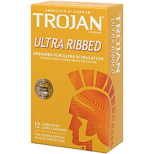 TROJAN Ultra Ribbed Premium Lubricated Condoms, 12 Count
