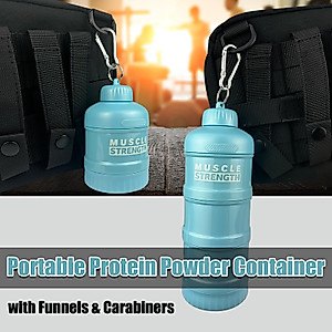 Stackable Protein Powder Travel Container with Carabiners & Funnels, Portable Protein Powder Container to Go, Protein Powder Funnel Set, Travel Protein Powder Containers for Fitness, Travel (BLUE)