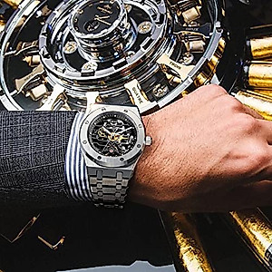 FEICE Watches for Men Automatic Skeleton Watch 42mm Case Stainless Steel Mechanical Anti Shock Waterproof Luminous Sapphire Crystal Analog Watches Business Wristwatch Adjustable Band FM019HOT