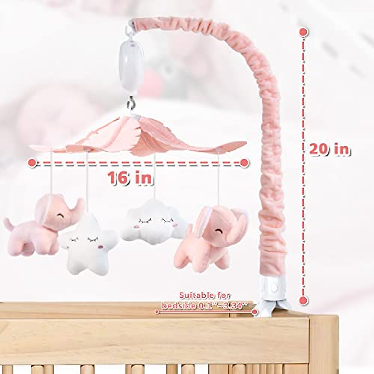 FEISIKE Crib Mobile for Girls with 3 Modes Music Box（Turn Only, Music Only, Turn & Music),12 Lullabies,Pink Elephant Nurser Mobile,Clamp Type,Pretty Box Packaging
