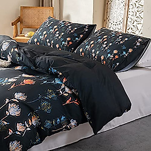 Sheleep Black Floral Duvet Cover Set 3 Pieces Bedding Soft Lightweight Brushed Microfiber Bedding , 1 Duvet Cover 2 Pillow Shams, Queen, Colorful Leaf