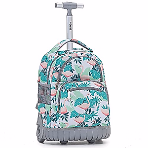 NEW TILAMI Rolling Backpack for Kids, 16 Inch Wheeled Laptop Backpack for Boys Girls School Travel Trip Bag, Flamingo