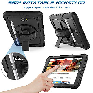 Timecity Case for Samsung Galaxy Tab A 10.1 inch 2016 Release, SM-T580 T585 T587 Case, Heavy Duty Protection Case with Screen Protector, Stand, Hand Strap and Shoulder Strap Stylus Holder - Black