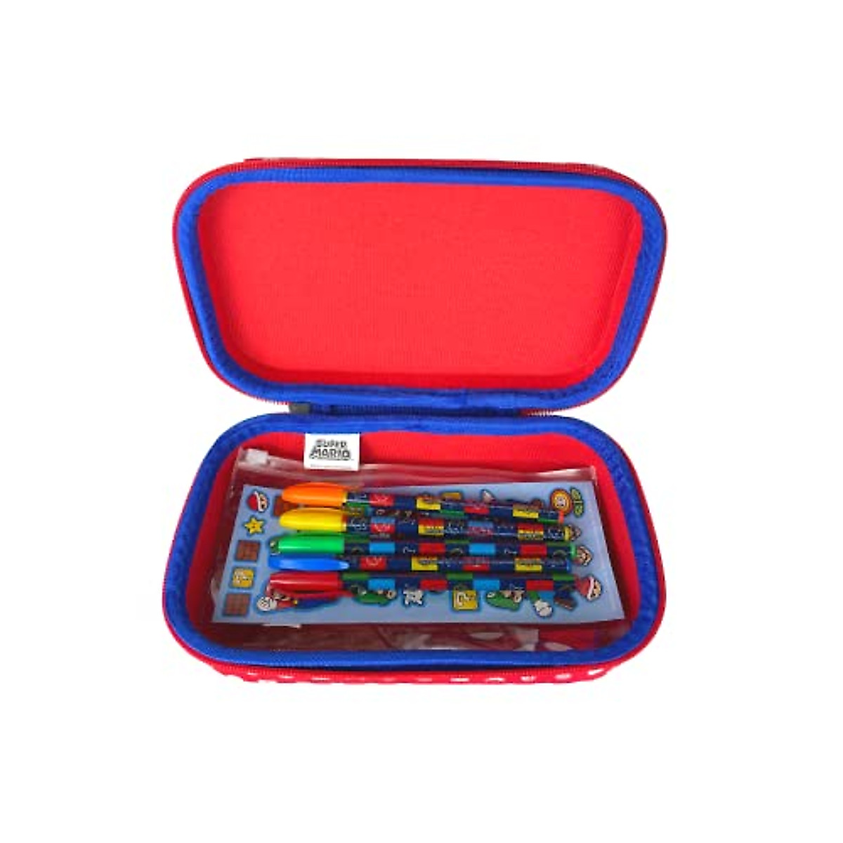 Innovative Designs Super Mario Pencil Case Set with Stickers and Gel Pens for Kids, Molded with Zip Closure, Red