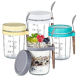 4 Pack Overnight Oats Jars, Overnight Oats Containers with Lids and Spoons, 16 Oz Glass Mason Jars for Overnight Oats Leak Proof Oatmeal Container Great for Cereal, Yogurt, Milk, Salads, Fruit