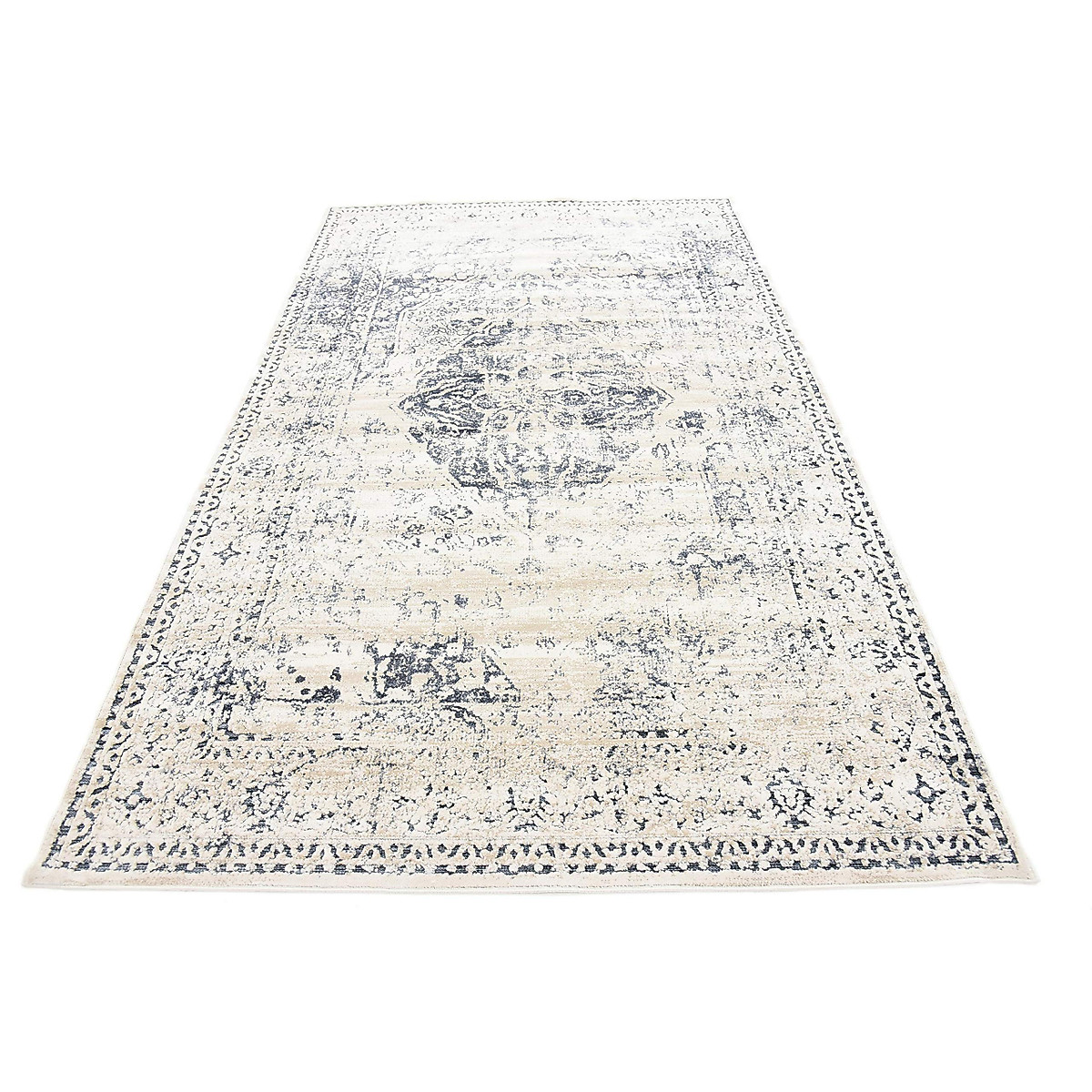Unique Loom Chateau Collection High-Low Pile, Vintage, Traditional, Distressed, Medallion Area Rug (5' 0 x 8' 0 Rectangular, Beige/Navy Blue)