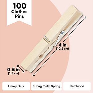 100-Pack Large Wooden Clothespins for Laundry, 4-Inch Heavy-Duty Wood Clips with Metal Springs for Hanging Clothes, Photo Displays, Arts and Crafts, Bulk (Brown)