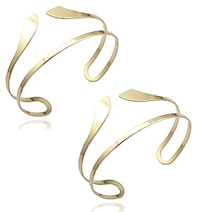 RechicGu 2 Pieces Minimalist Egyptian Bar Curve Upper Arm Cuff Bracelet Bangle Band Open Armband Armlet Jewelry Set Belly Dance Accessories Gold