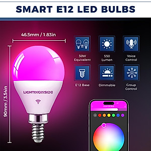 Lightinginside Smart Light Bulbs 50W Equivalent, WiFi G16 1/2 Candelabra E12 Ceiling Fan Smart Bulb Compatible with Alexa/Google Assistant/Smart Life, 5W 550LM, 2.4G WiFi Only, ETL Listed, 4PCS