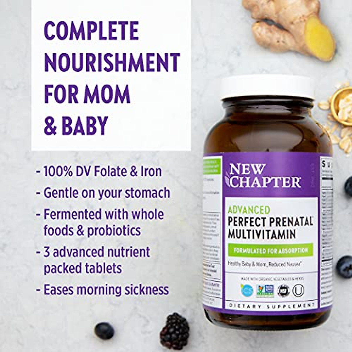 New Chapter Advanced Perfect Prenatal Vitamins - 192ct, Organic, Non-GMO Ingredients for Healthy Baby & Mom - Folate (Methylfolate), Iron, Vitamin D3, Fermented with Whole Foods and Probiotics