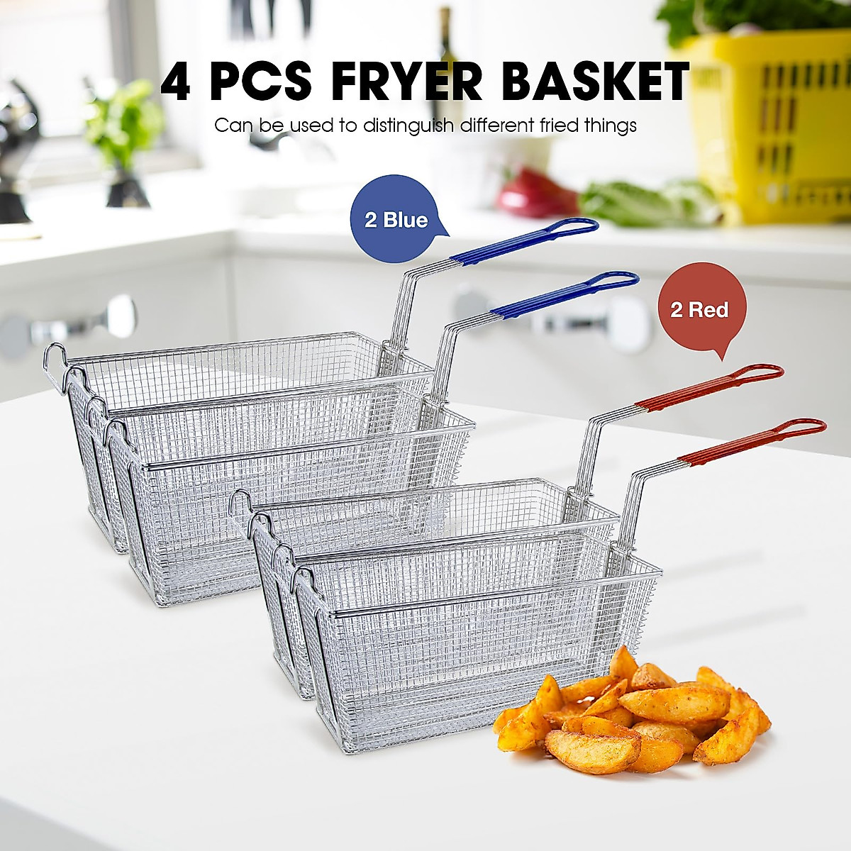 EASYROSE 4Pcs Deep Fry Basket Commercial Deep Fryer Basket with Non-slip Handle, 13 1/4" x 6 1/2" x 6" Stainless Steel French Fries Basket for Restaurant Kitchen