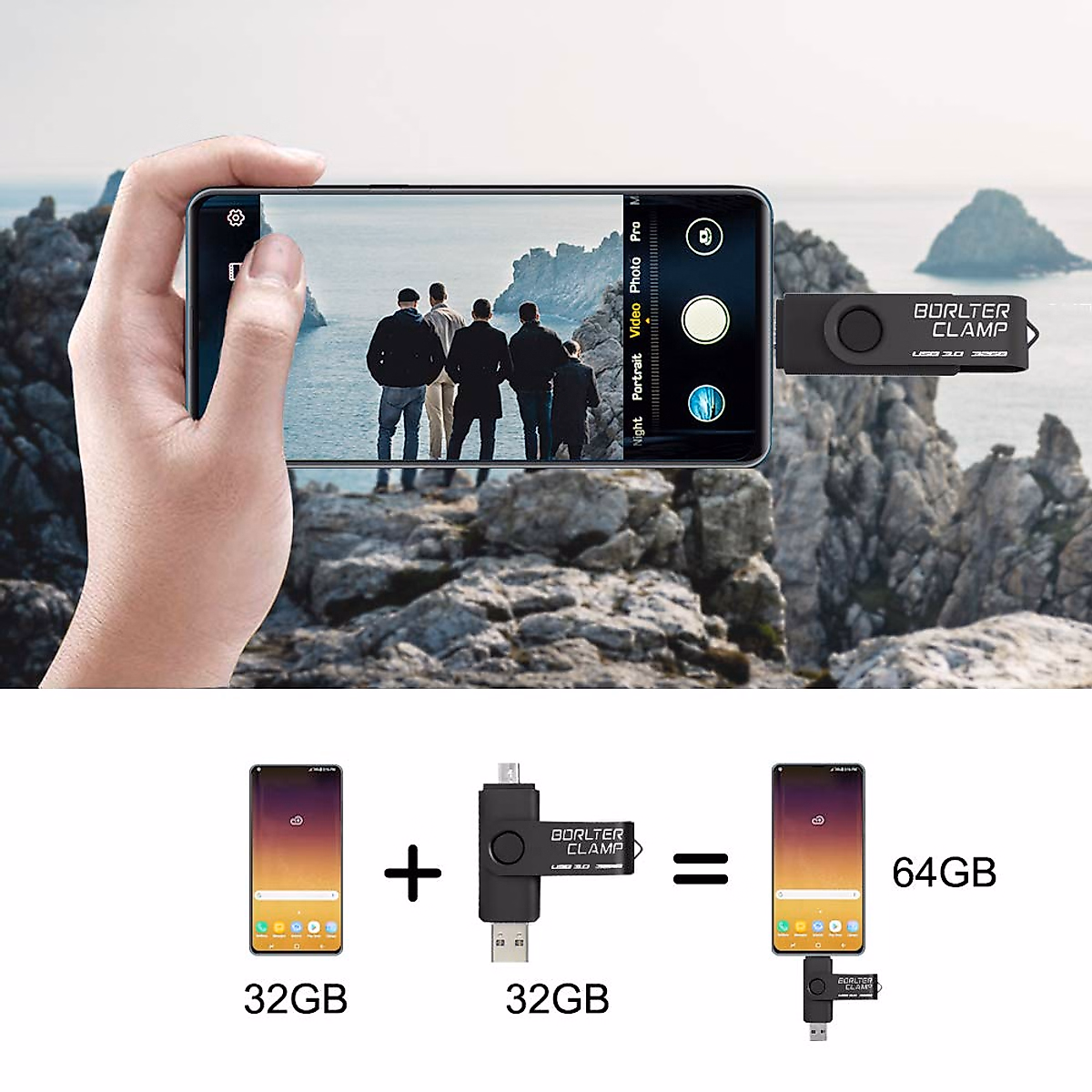 BorlterClamp 32GB USB 3.0 Flash Drive Dual Port Memory Stick, OTG Thumb Drive with Micro USB Drive Port for Android Smartphone Tablet & Computer (Black)