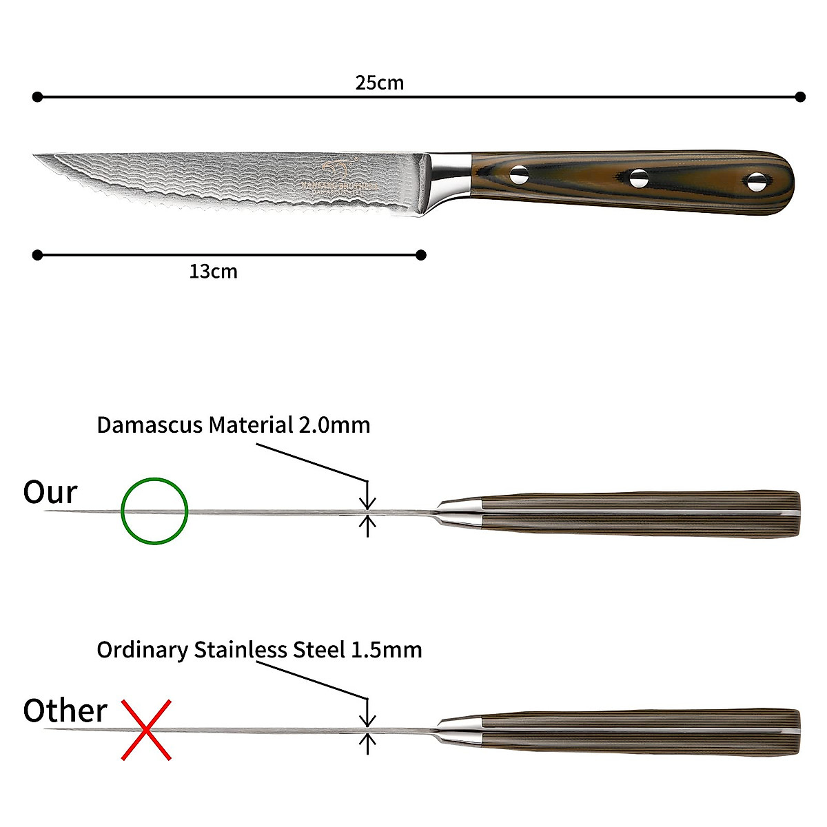 Damascus Serrated Steak Knife Set of 6 with Case, 5 Inch Serrated Steak Knife, 67 Layers Steel Blades Hand-sharpened to 15°, Non-slip G10 Ergonomic Triple Rivet Handle for Gift, Natural Wooden Box