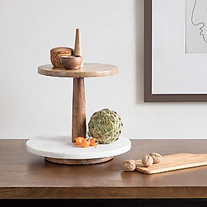 Kate and Laurel Praxis Modern 2-Tier Tray, 12 x 12 x 15, Natural Wood and White Marble, Decorative Farmhouse Serving Tray for Display