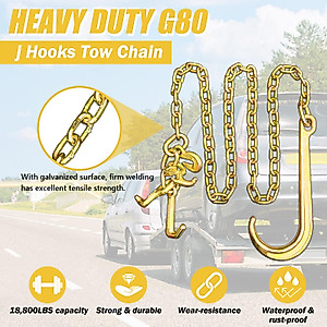 SENKEYFE 2PCS G80 j Hooks Tow Chain, 5/16"x6' Recovery Tow Hooks Chain 15IN J Hook w/RTJ & Grab Hook, 18800LBS Tow Truck Accessories J Hooks, Bridle Tow Transport Chain, Wrecker Towing Truck Equipment