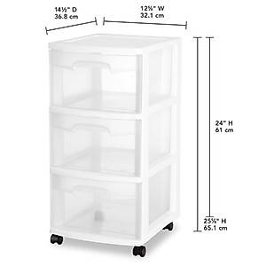 Sterilite 28308002 3 Drawer Cart, White Frame with Clear Drawers and Black Casters, 2-Pack