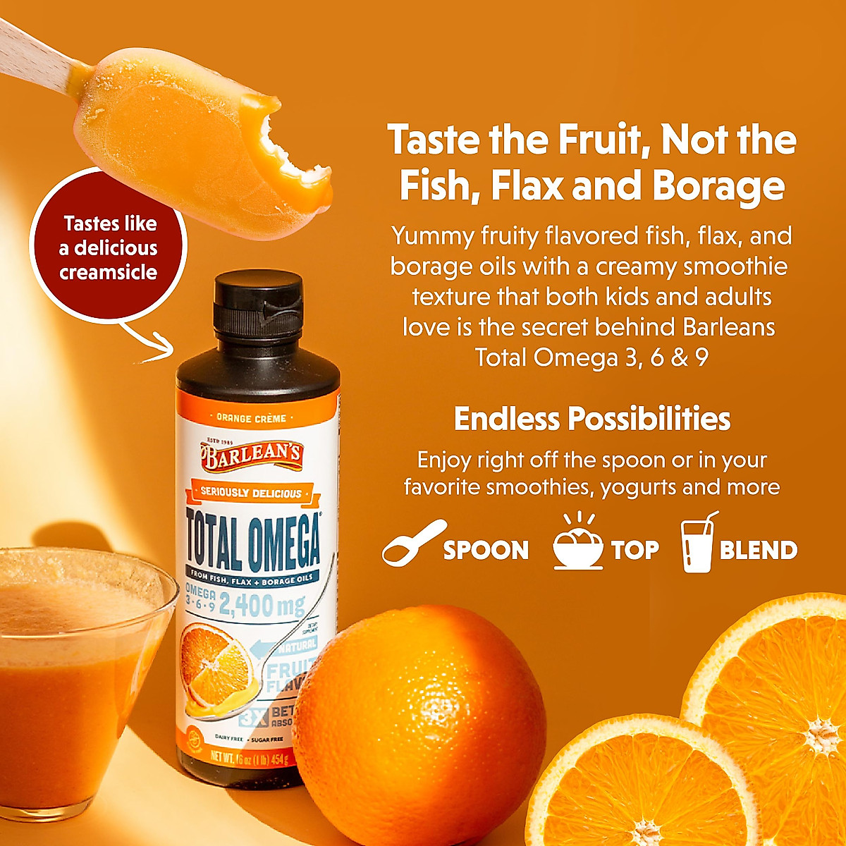 Barlean's Total Omega 3 Fish Oil Liquid Supplement, Orange Crème Flavored with Borage Oil and Flaxseed Oil, 2,400 mg of Omegas 3 6 9 EPA and DHA Plus GLA, 16 oz