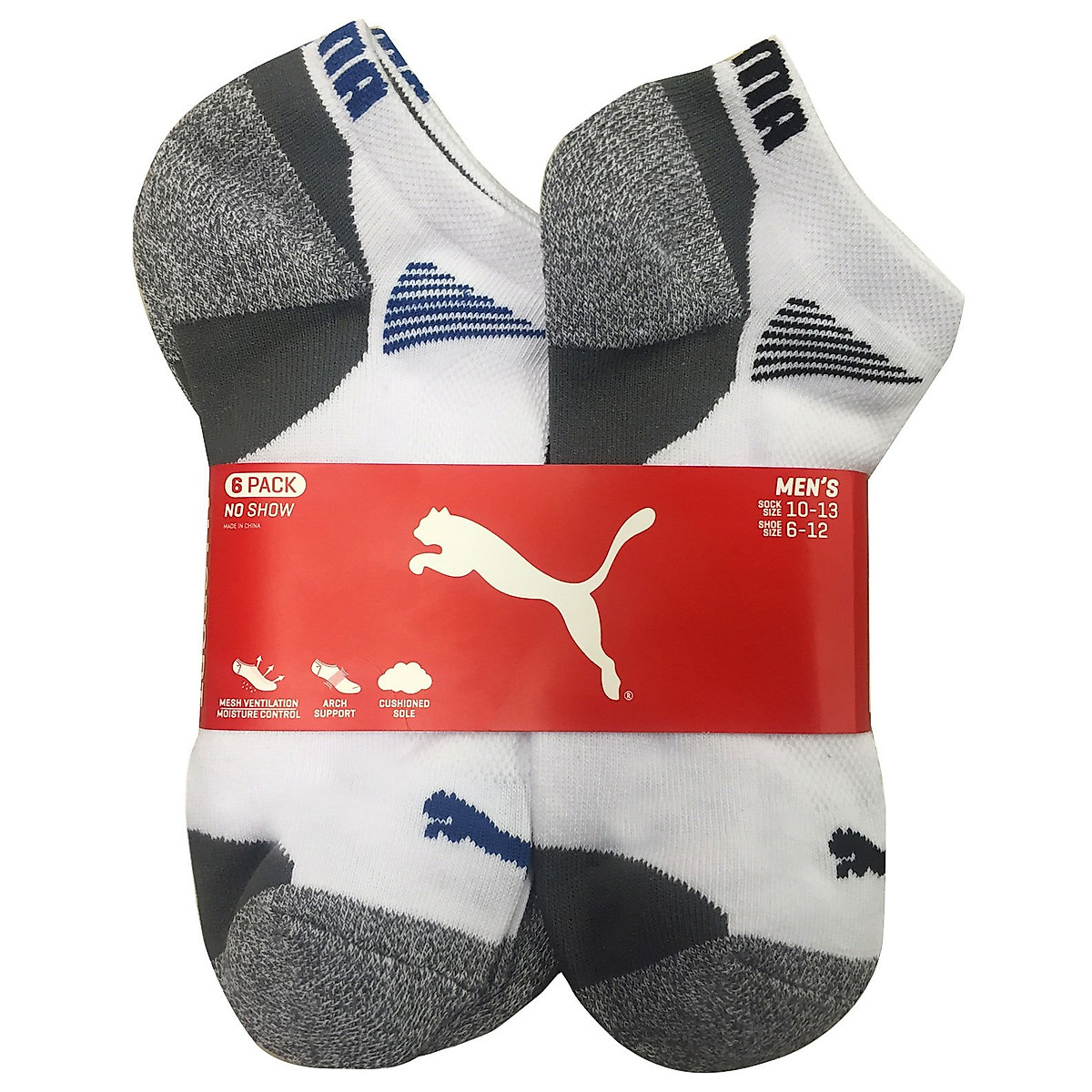 Puma Mens Low Cut All Sport No Show Socks 6-Pair stock size 10-13 shoe size 6-12, White/Grey