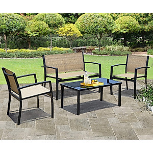 JUMMICO 4 Pieces Patio Furniture Set Modern Conversation Set Outdoor Garden Patio Bistro Set with Glass Coffee Table for Home, Porch, Lawn (Yellow)