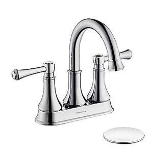 TimeArrow Chrome 4 Inch Two Handle Centerset Bathroom Sink Faucet 3 Holes with Pop up Drain, High Arc Modern Bathroom Vanity Lavatory Faucet with Brass 360° Swivel Spout, TAF067Y-CP