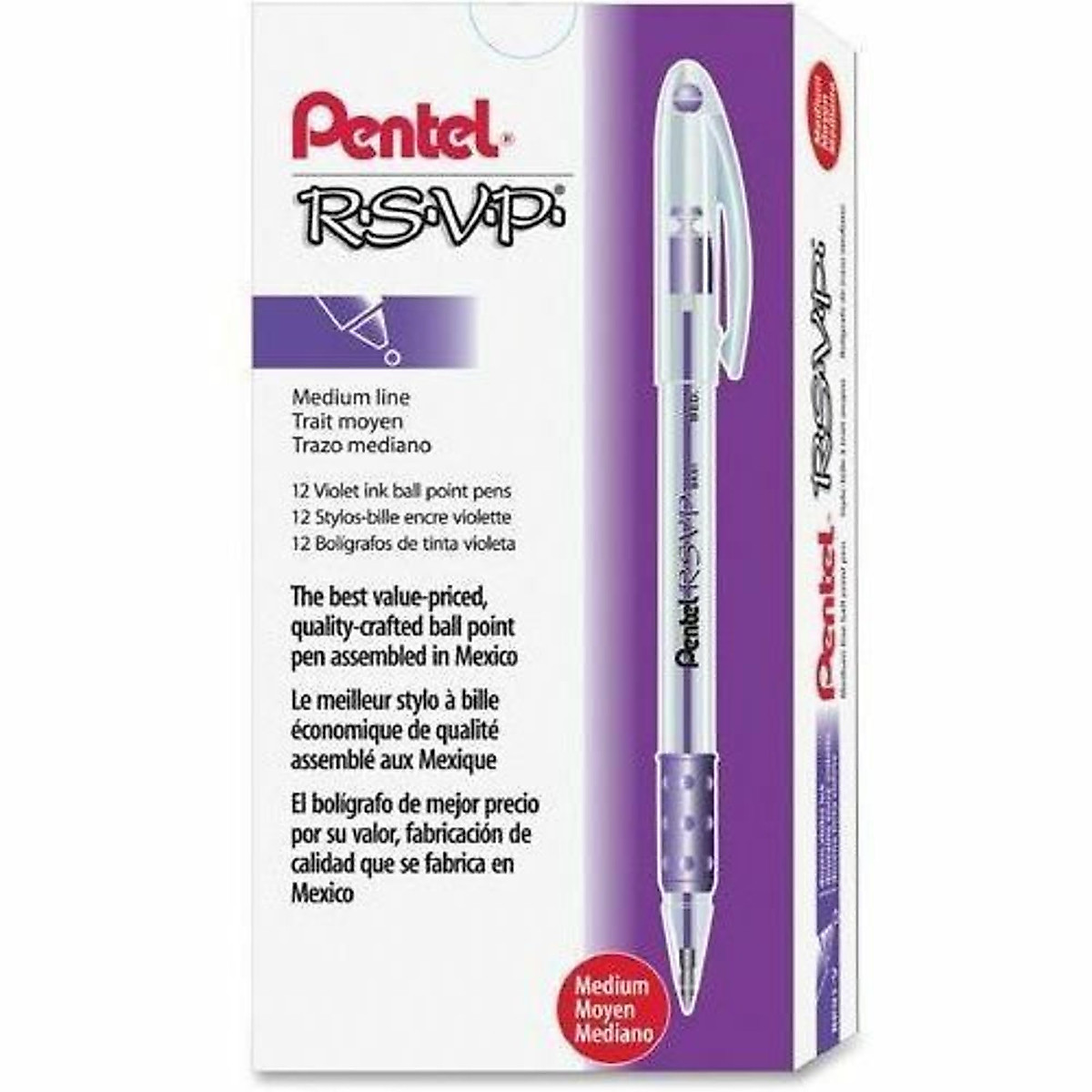 Pentel® R.S.V.P.® Ballpoint Pens, Medium Point, 1.0 mm, Clear Barrel, Violet Ink, Pack Of 12