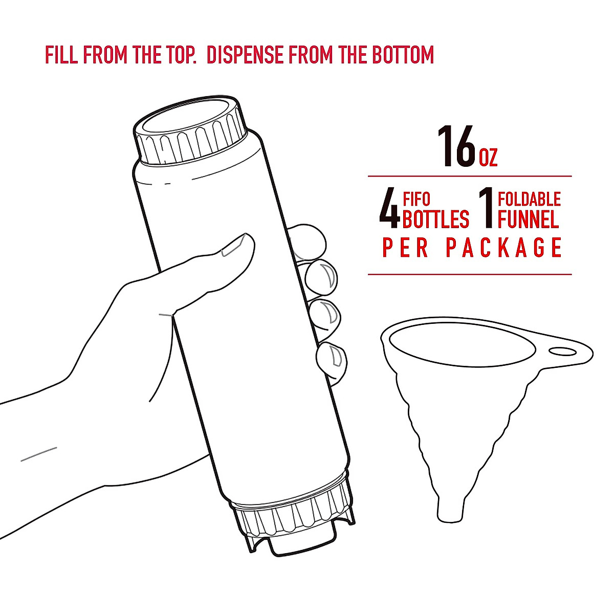 FIFO Squeeze Bottle Refillable (4 Pack) Yellow Dispenser for Most Condiments, Smooth Sauces, Ketchup, Mustard, BBQ and Dressing with Flexible Funnel