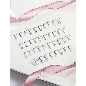 Prjndjw 20G Nose Rings Studs Surgical Steel Nose Studs Glow Dark Heart Opal CZ Flower Nose Piercing Jewelry Nose Rings for Women Straight Bend L Shaped Nose Rings 38Pcs 6.5mm Nose Piercing Kit