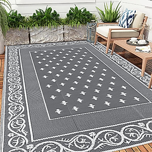 Bsmathom Reversible Outdoor Rugs Patio Rug 6'x9', Waterproof Plastic Straw Rug for Patios Clearance, RV Camping Rug Indoor Outdoor Area Rug for for Picnic, RV, Deck, Backyard, Balcony(Grey,6'x9')