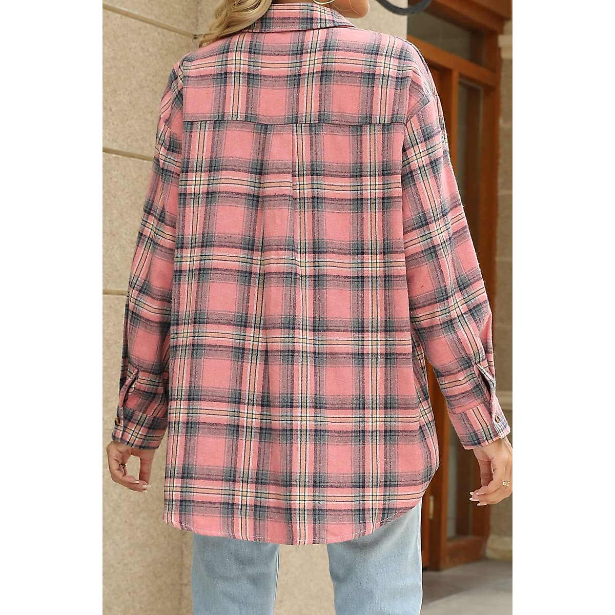 CHYRII Womens Button Down Flannel Shirts Long Sleeve Plaid Shacket Business Casual Blouse Topss Pink -7122 L