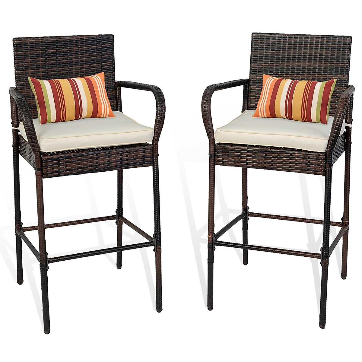 Sundale Outdoor Bar Stools Set of 2, 2 Piece Rattan Bar Stool Wicker Chairs, Patio Bar Height Chair with Arms, Cushion Beige, All-Weather Outdoor Rattan Furniture - Steel, Brown