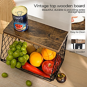 2 Pack Stackable Fruit Baskets with Wood Lid for Kitchen Counter, Wall-Mountable Hanging Wire Baskets with 4 Banana Hanger Hooks, Kitchen Organizers and Storage for Vegetable Onion Potato