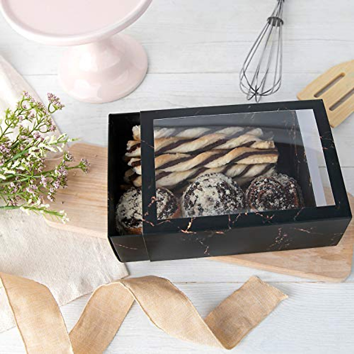 Hammont Clear Window Gift Boxes - 6 Pack - Rectangle Shaped Bakery Boxes with Clear PVC Sleeve | Treat Boxes Perfect for Cakes, Pastries, Cookies, Cupcakes, and Party Favors (Black, 7.5” x 5” x 2.5”)