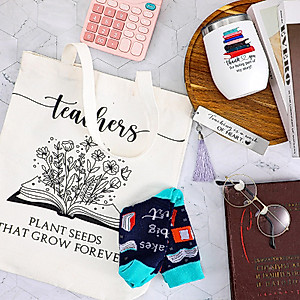 Sieral 4 Sets Book Lovers Gifts Teacher Gifts Includes 12 oz Stainless Steel Wine Tumbler with Lid Library Canvas Tote Bag Novelty Socks Thank You Bookmark Tassel for Nursing Teacher