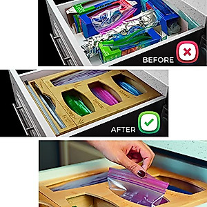 Bamboo Ziplock Bag Storage Organizer with Foil Cutter and Plastic Wrap Dispenser - Wooden Baggies Holder for Drawer - Kitchen Organization for Gallon, Quart, Snack, and Sandwich Bags - Magnetic Foil Organizer