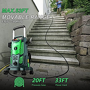 Suyncll Electric Pressure Washer - 2.2GPM Power Washers Electric Powered with 360° Spinner Wheel, 5 Quick Connect Nozzles, 500ML Foam Cannon, Total Stop System Cleans Cars/Fences/Patios, 1800W(Green)