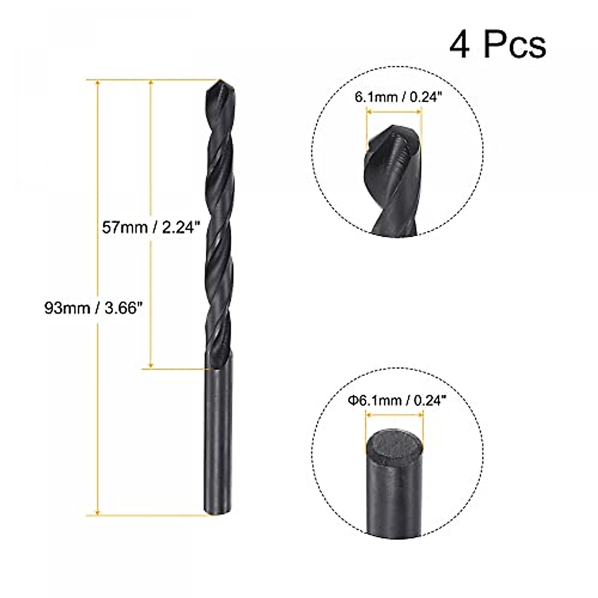 uxcell 6542 High Speed Steel Straight Shank Twist Jobber Drill Bit, Fully Ground Black Oxide Drill Bits 6.1mm Drill Diameter 93mm Total Length 4 Pcs