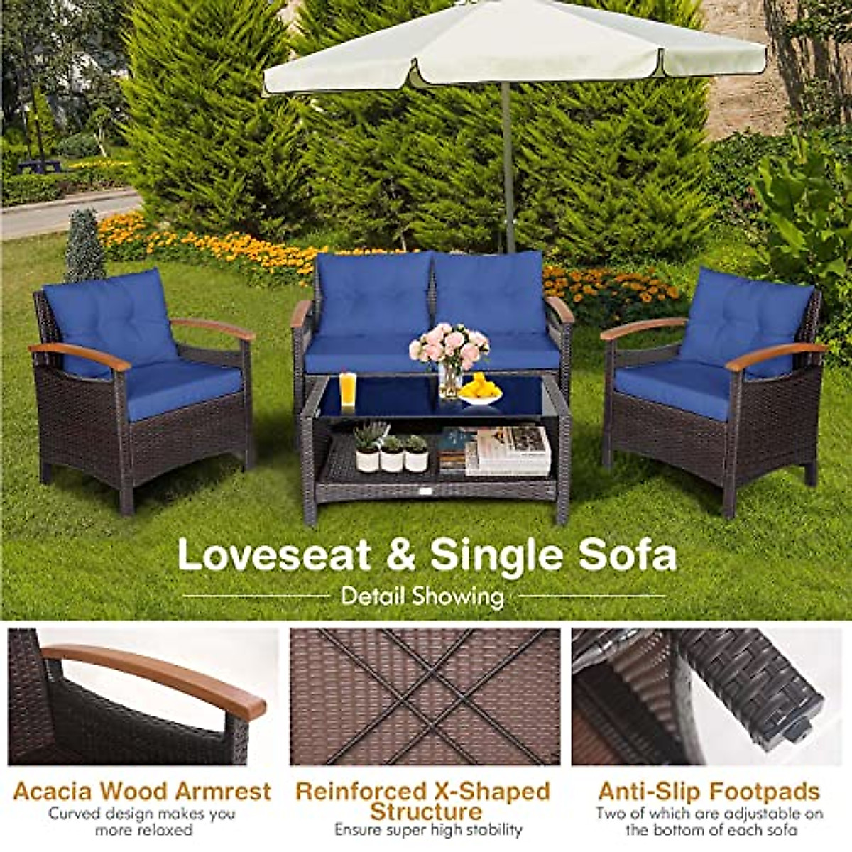 Tangkula 4 Piece Patio Rattan Conversation Set, Outdoor Wicker Sofa Set W/2-Layer Coffee Table, Backrest & Seat Cushions, Acacia Wood Curved Armrests, Suitable for Poolside, Backyard, Deck (1, Navy)
