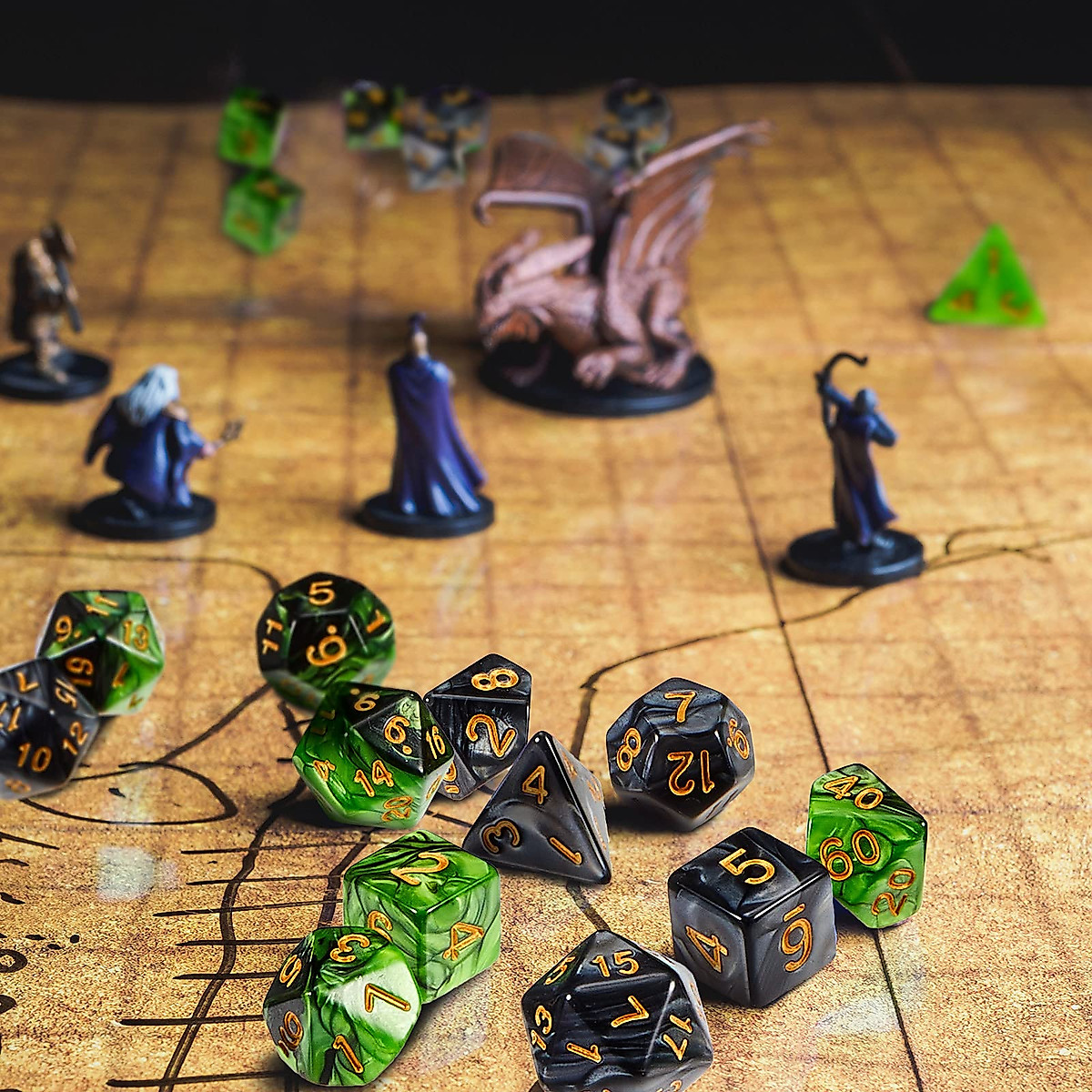 2 Set 11 Dice Polyhedral Dice Set Multisided Dice Set Smooth Touch with Drawstring Bag Compatible with RPG MTG Table Game Dice, 22 Pieces (Green, Black)