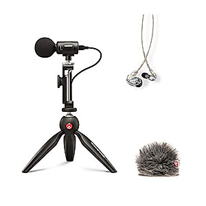 Shure Portable Videography Kit - Professional Recording Rig with MV88+ iPhone Mic, Manfrotto PIXI Tripod, Phone Clamp, Mount, AMV88-Fur Windjammer and SE215 PRO Sound Isolating Earbuds (MV88+SE215-CL)