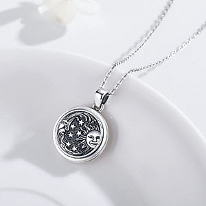 JUSTKIDSTOY Sun Moon Star Locket Necklace That Holds Pictures 925 Sterling Silver Vintage Photo Locket Pendant Necklace Oxidized Family Jewelry Gifts for Women