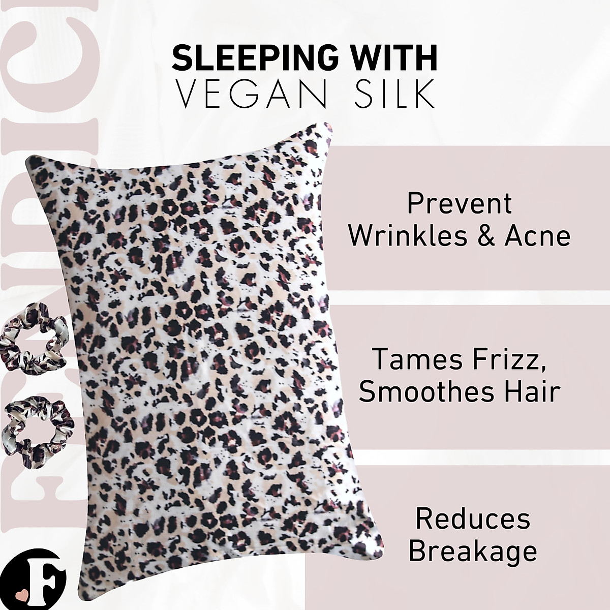 Satin Pillowcase for Hair and Skin by Fenrici, Includes 1 Queen Size Satin Pillow case, 2 Matching Scrunchies, Luxury Beauty Sleep Set, Leopard Print, Pink, Queen/Standard, Gift for Her